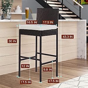 PayLessHere 2 Piece Outdoor Bar Stools 30" Wicker Patio Stools Bar Chairs Height Stools All Weather Patio Furniture with Footrest Khaki Cushion for Outdoor Indoor Pool Lawn Porch Backyard,Brown