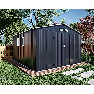 VanAcc 10x12x7.5 FT Outdoor Storage Shed, Galvanized Steel Metal Garden Sheds Kit with 2 Light Transmitting Window and Double Lockable Door, Oversized Tool Sheds for Backyard Patio Dark Grey/White