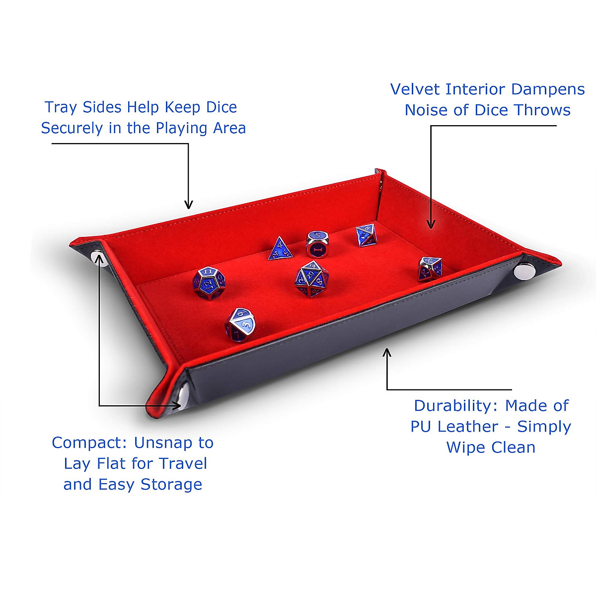 RNK Gaming Folding Dice Tray PU Leather and Red Velvet Rectangle for Dice Rolling Games Like DND d&d