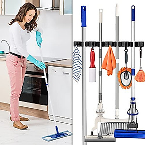Piyl Broom Mop Holder Wall Mount Broom Hanger Wall Mounted Metal Organization Garage Storage Garden Kitchen Tool Organizer With 4 Racks and 5 Hooks