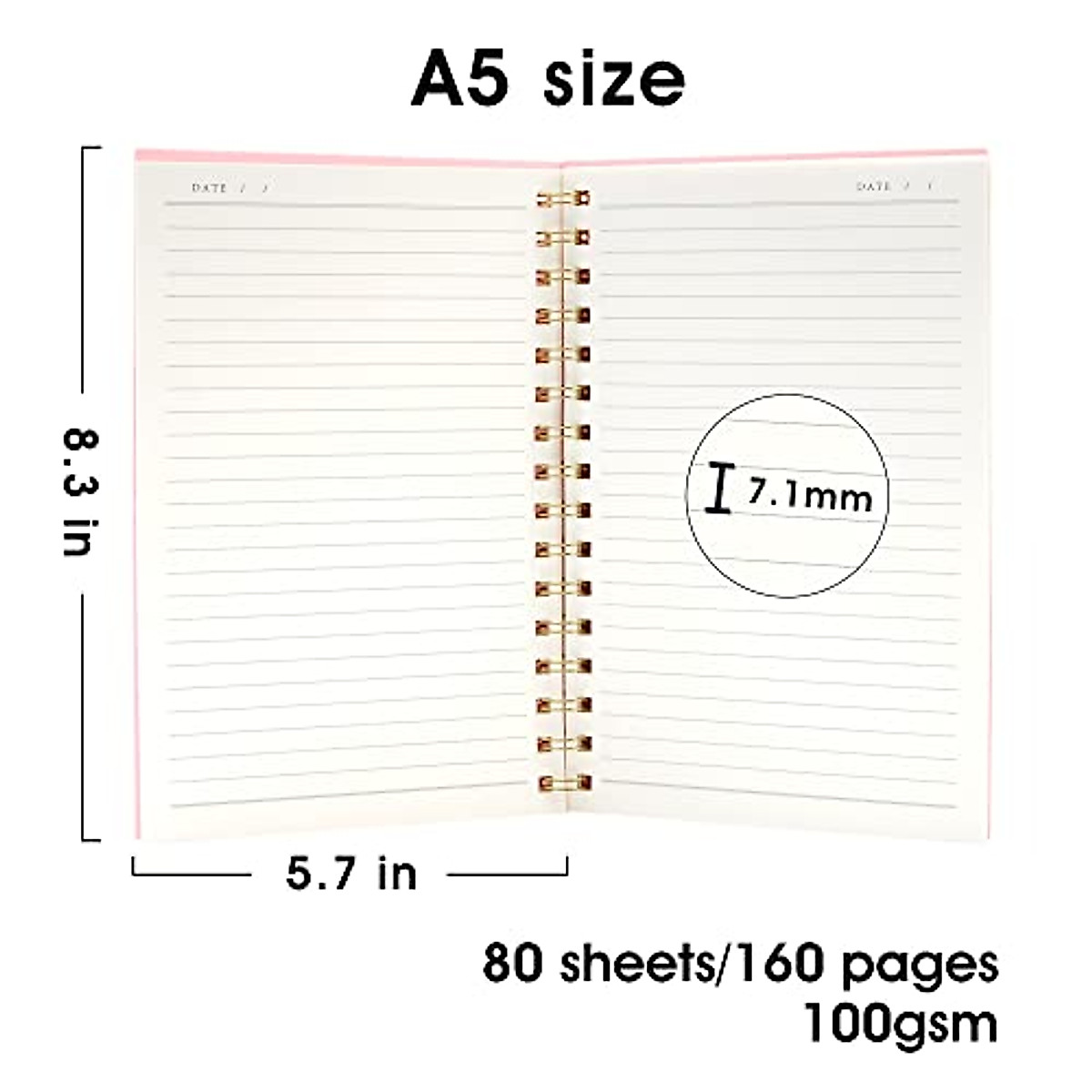 Spiral Notebook College Ruled A5 Spiral Bound Journal 160 Pages Thick Paper Plastic Hardcover Spiral Notebook 5x7 Wire Bound Notebooks for Note Taking School Office Supplies,Pink