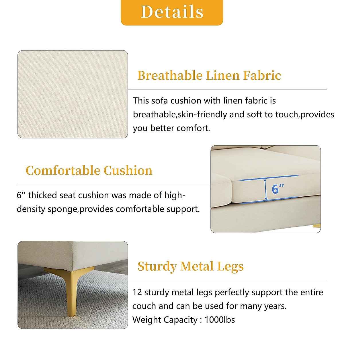 VERYKE Sectional Sofa Couch for Living Room, U Shaped Modern Sectional Sofa with Double Chaise,Minimalist Sectional Couch with Metal Leg for Home Office,Apartment (Linen Cream White)