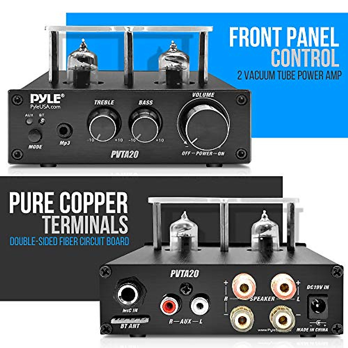 Pyle Bluetooth Tube Amplifier Stereo Receiver - 600W Home Audio Desktop Stereo Vacuum Tube Power Amplifier Receiver w/ 2 Vacuum Tubes, AUX/MP3/Microphone Inputs, Pure Copper Speaker Output - PVTA20