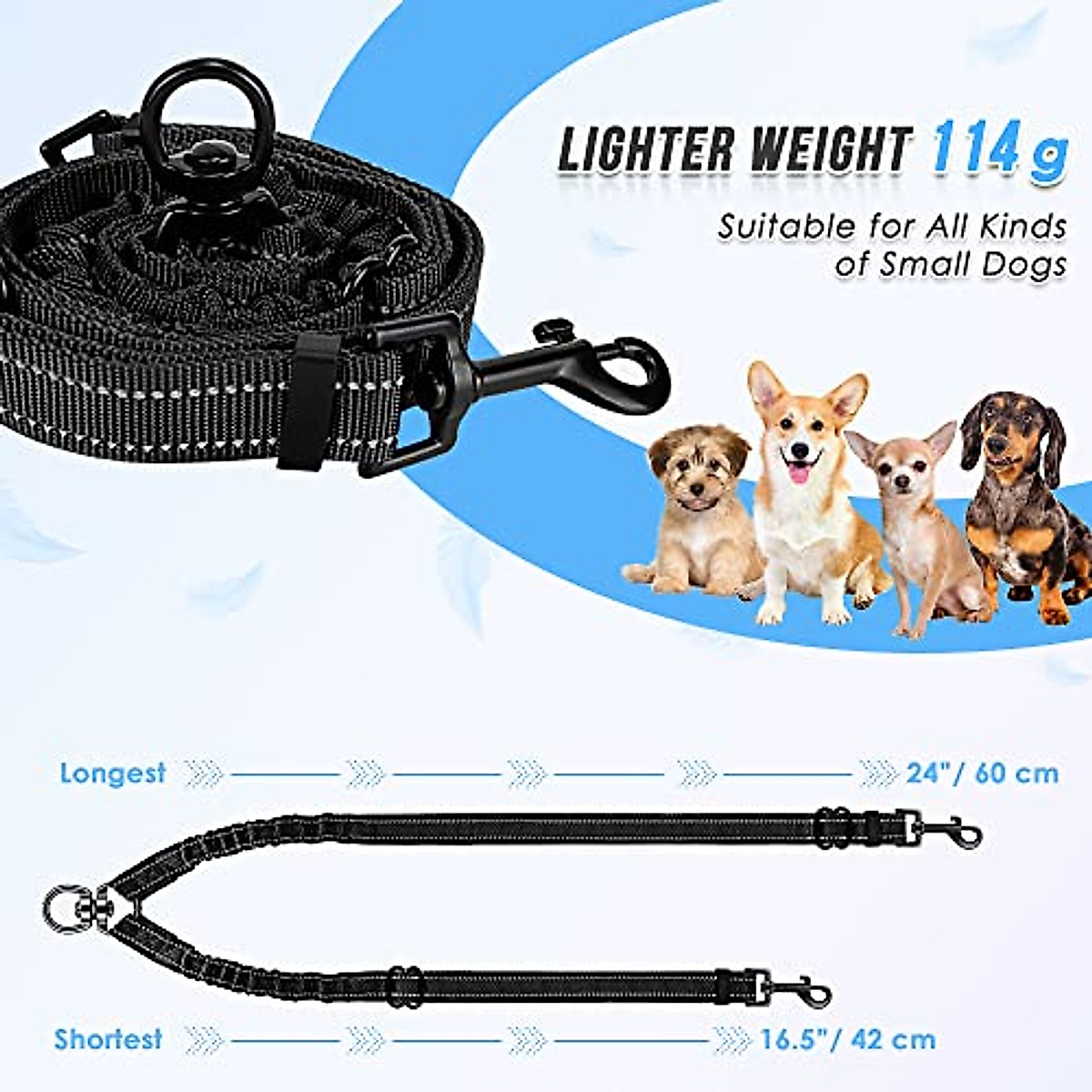 AUTOWT Double Dog Leash, No Tangle 360° Swivel Rotation Reflective Lead Attachment Adjustable Length Dual Two Dog Lead Splitter, Comfortable Shock Absorbing Walking Training for 2 Dogs