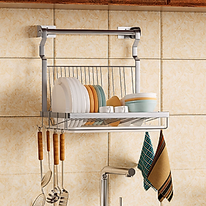 TQVAI Stainless Steel Hanging Dish Drainer Folding Dish Drying Rack with Rod, Drainboard and Hanging S Hooks - Silver