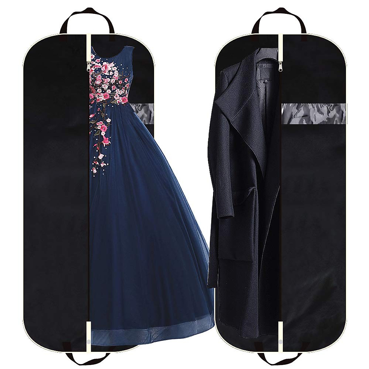 2 Pack 54" Gusseted Garment Bags with Extra Large Pockets for Travel, Breathable Foldable Suit Covers Mens Womens Hanging Bag for Clothes Shirts Dresses Coats, Black