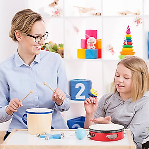 Dreokee 6 Inch Tambourine Red Wooden Handheld Tamborine with 4 Pair Metal Jingle Bells Percussion Instrument Musical Instrument Tambourines for Adults Party Education Church