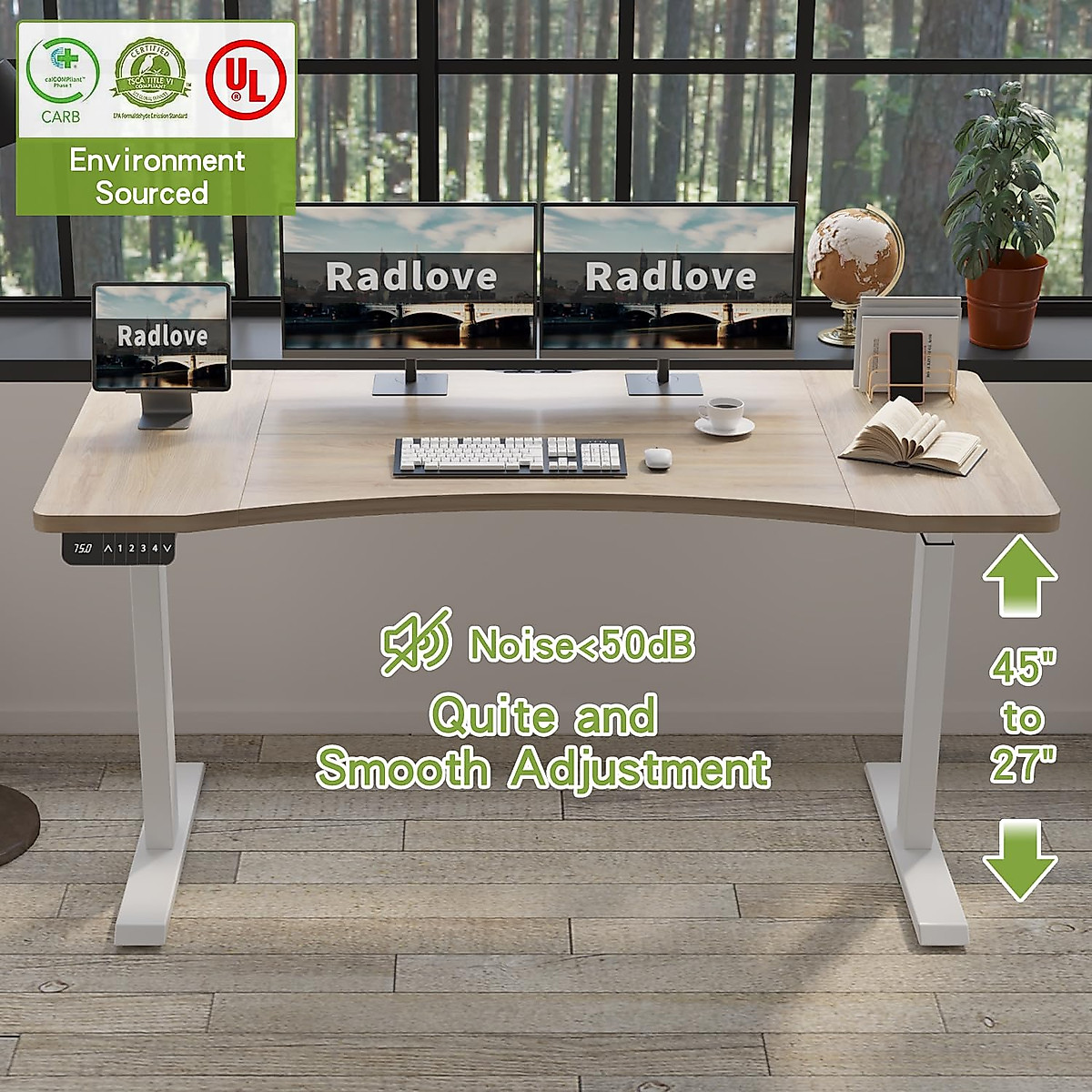 Radlove Dual Motors Height Adjustable 63 x 30'' Electric Standing Desk with Curved Design Stand Up Table 4 Memory Keys, Computer Desk with Splice Board Home Office Desk, Oak Top + White Frame