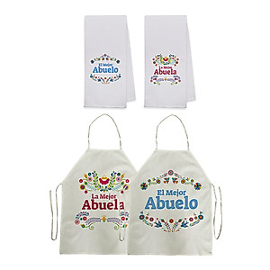 UINHMOP La Mejor Abuela & Abuelo Spanish 16''x24'' Bath Towels Kitchen Towels and Aprons Gift Set for Grandparents (2 Towels + 2 Aprons),Birthday Mother’s for Grandparents