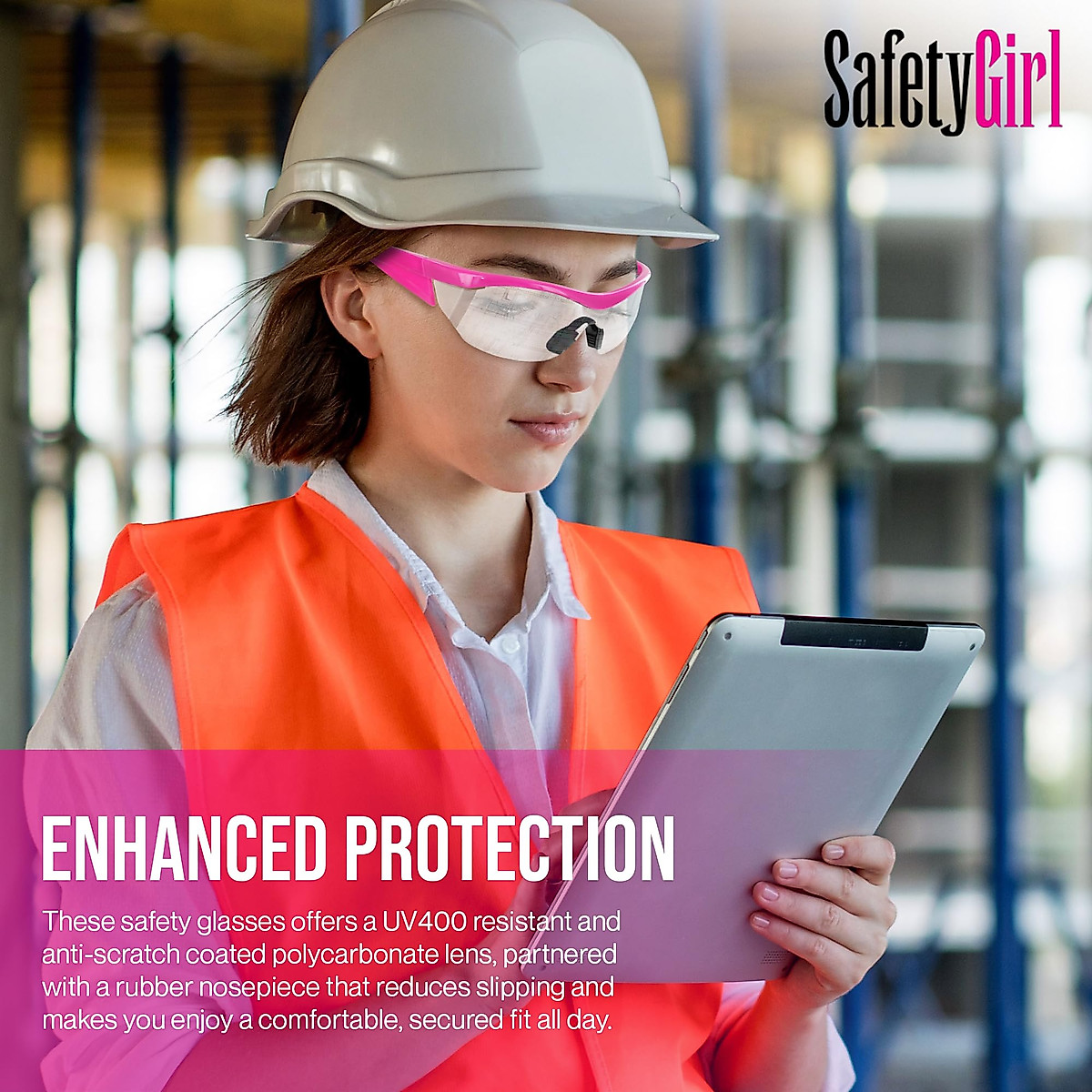 Safety Girl Navigator Safety Glasses | Safety Glasses for Women | Safety Glasses with Navigator | Anti-Scratch Glass | Pink Clear