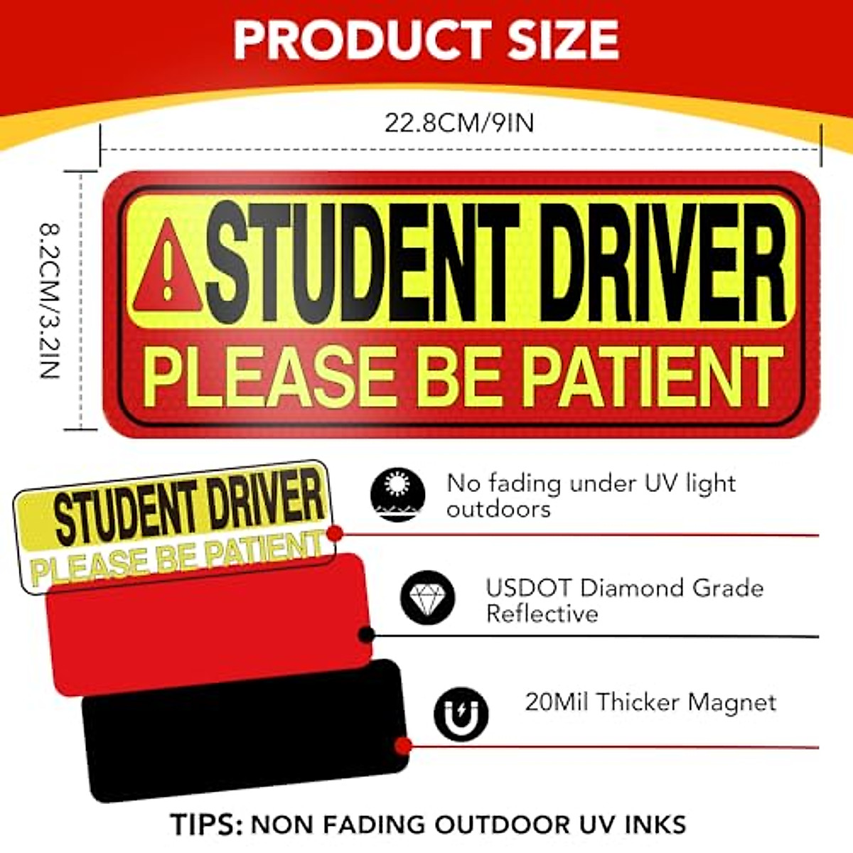 DIYMAG 6Pcs Student Driver Sticker Magnet for Car, Please Be Patient New Drivers Glow in Dark Accessories Magnetic Novice New Drivers Sticker Safety Warning Magnetic Vehicle Signs Reusable