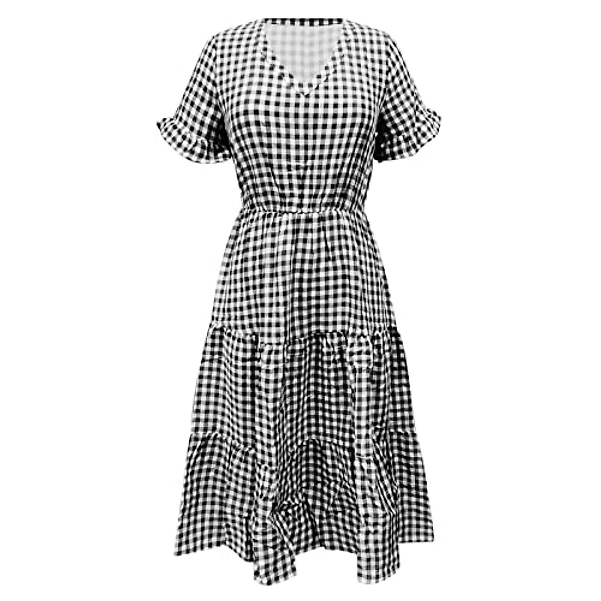 New Pleated Wrap Lace Up Short Sleeve Square Collar Long Plaid Dress Black