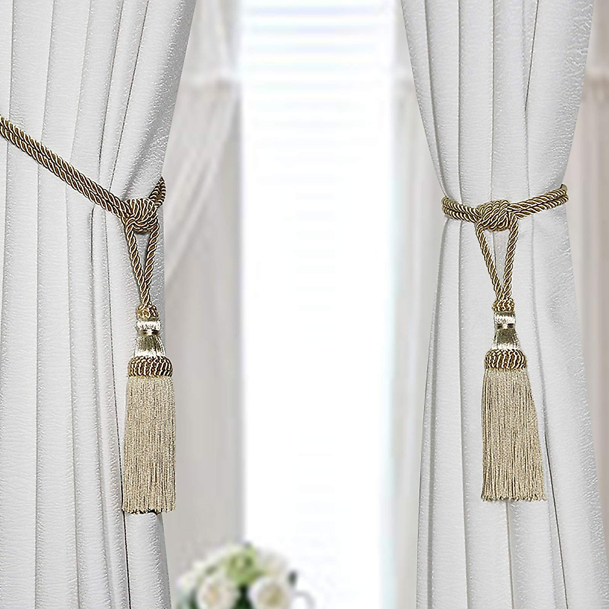 Fenghuangwu 2PCS Curtain Tassel Tiebacks, Handmade Tassels Curtain Tie-Backs Rope Holdbacks for Home Office Decor-Beige