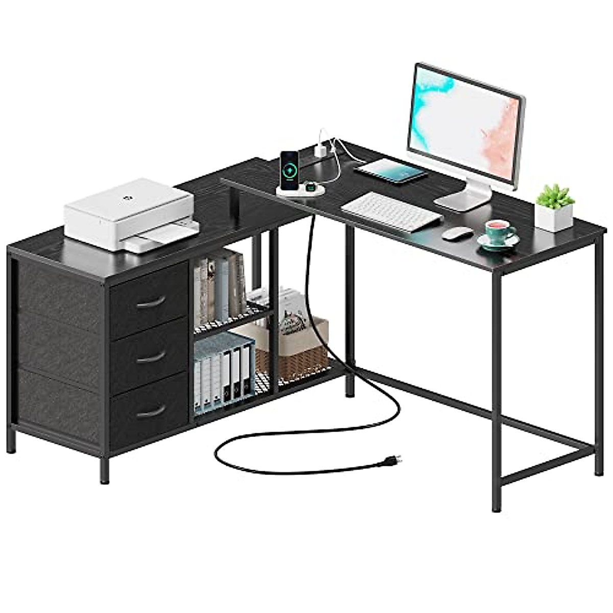 SUPERJARE L Shaped Desk with Drawers & Shelves and Nightstands Set of 2 with Charging Station & LED Light Strips, Black