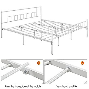 Yaheetech King Size Metal Bed Frame with Headboard and Footboard Platform Bed Frame with Storage No Box Spring Needed Mattress Foundation for Adults White