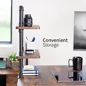 VIVO Clamp-on Premium 16 inch Industrial Pipe 2-Tier Tabletop Shelving, Heavy Duty Desk Extension Organizer, Modern Desktop Display Shelf, Rustic Vintage Brown Shelves, DESK-SHELF16-2N