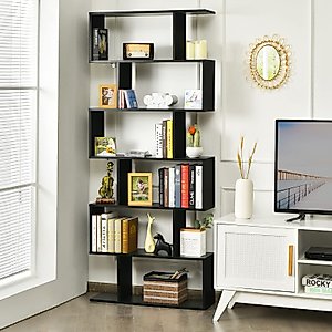 IFANNY 6 Tier Bookshelf, S Shaped Bookcase w/Staggered Storage Shelves, Display Shelf and Room Divider, Librero para Habitacion, Book Shelf for Bedroom, Living Room, Home Office (Black)