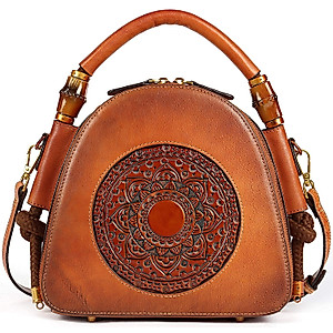 Zhuoliang Italian Retro Leather Handbags Vintage Embossing Totem Satchel + Handmade Mandala Totem Purse