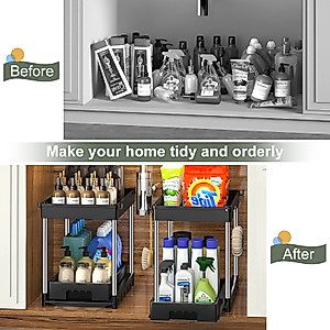 DUSASA Under Sink Organizer and Storage with Sliding Drawer, 2 Tier Black Plastic Cabinet Basket Organizer with Hooks, Under Cabinet Storage for Bathroom Kitchen