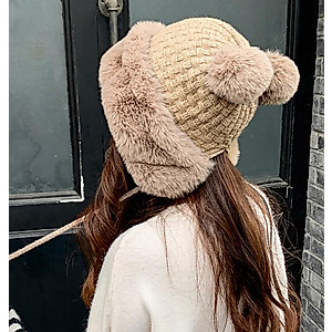 Winter Pompom Beanie Hats for Women Fluffy Knit Womens Beanie Faux Fur Crochet Skull Cap Warm Bucket Outdoor Ear Cover Khaki