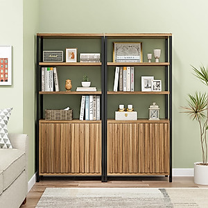 UEV Bookshelf 5 Tier Wood Boho Bookshelf with Storage Door,Fluted 71 in Tall Bookshelf with Metal Stand,Mid Century Modern Large Accent Bookcase for Living Room,Bed Room (Wood, 2 Piece)