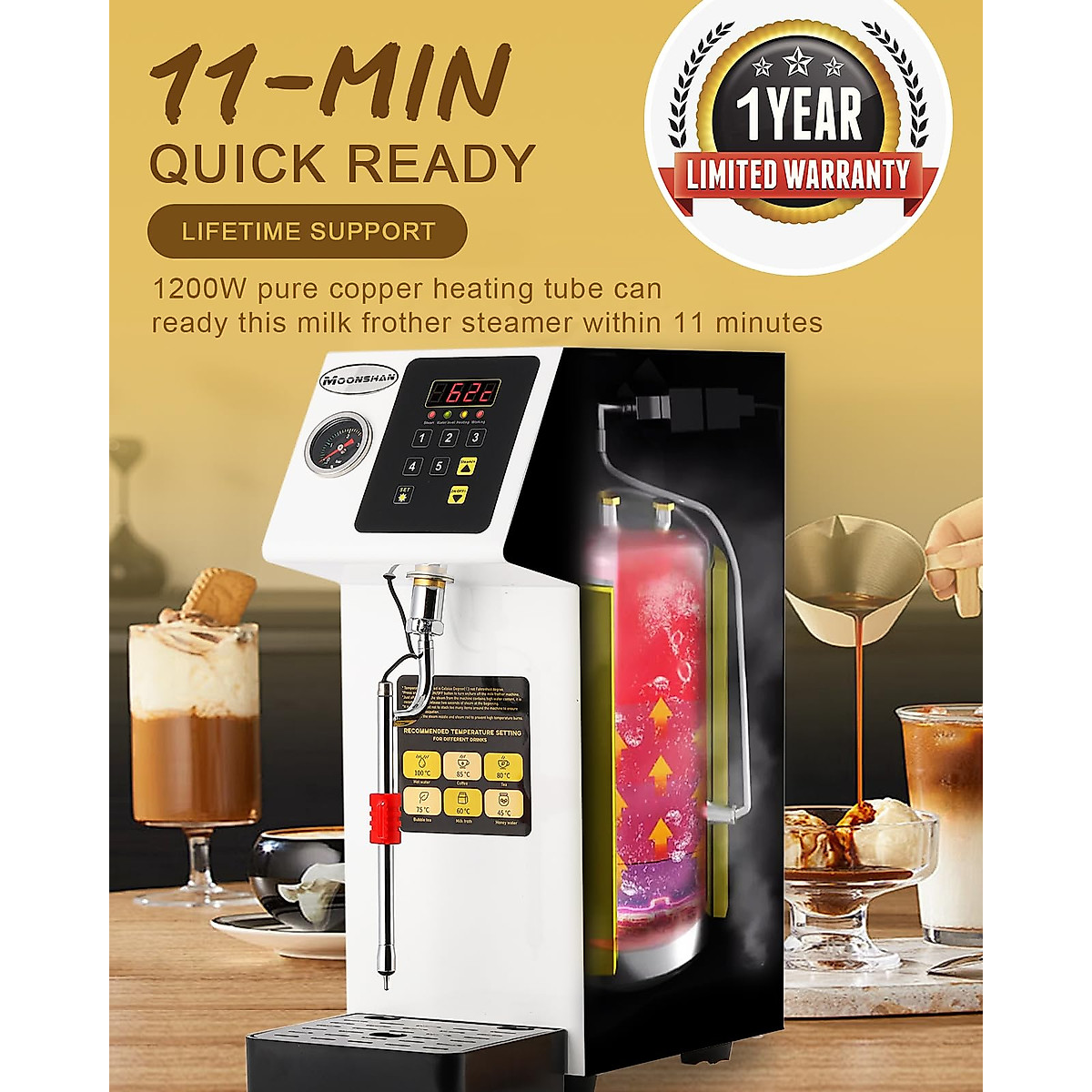 Moonshan Commercial Steam Milk Frother Fast Heating Milk Steamer Machine Boiler Quick Button Electric Fully-Automatic Coffee Foam Maker Frothing Machine for Coffee, Milk, Bubble Tea, Milk Tea