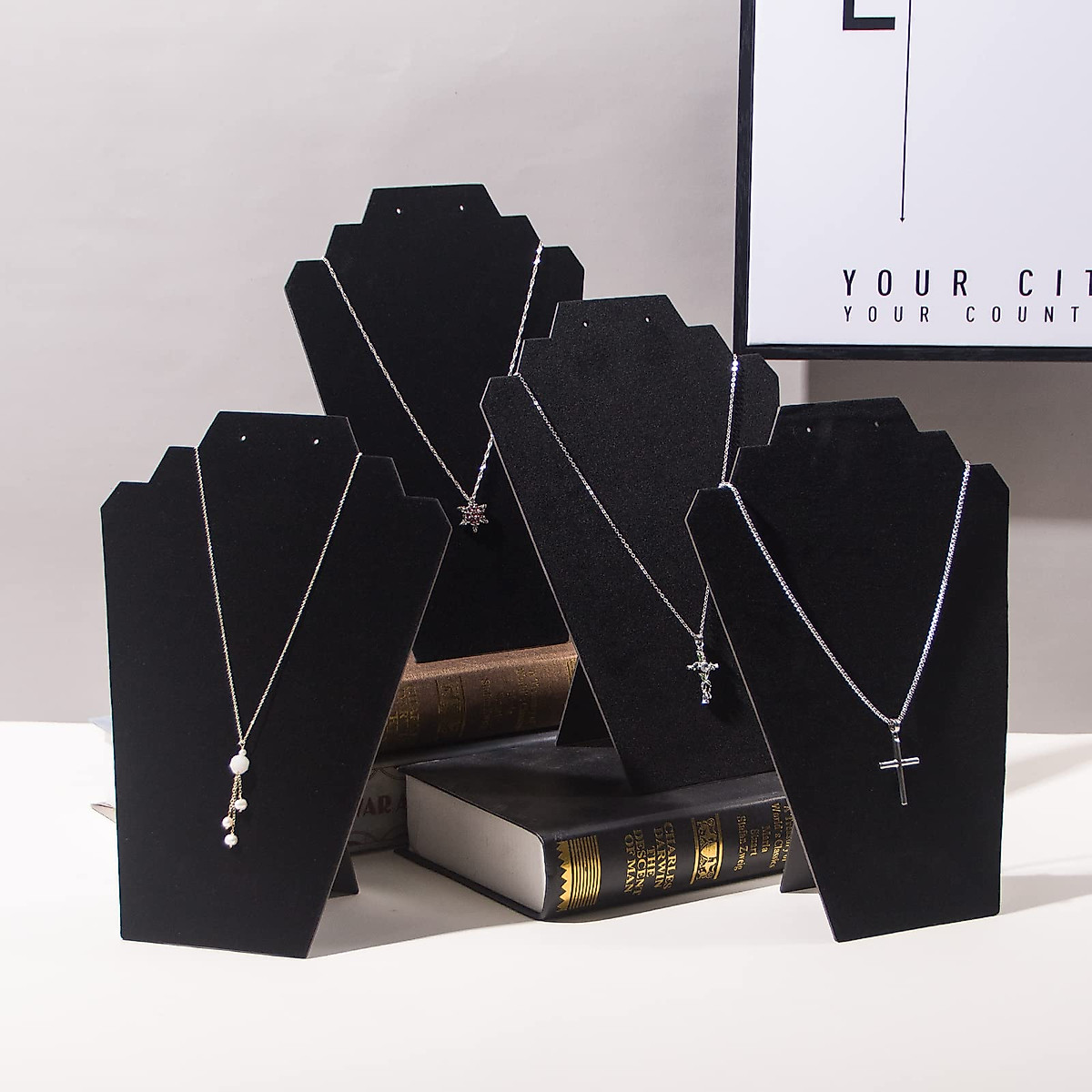 Coward 4Pcs/Set Black Necklace Earring Jewelry Set Display Stand, Foldable Black Velvet Necklace Bust Easel Chain Necklace Holder Organizer Rack for Home or Store Show