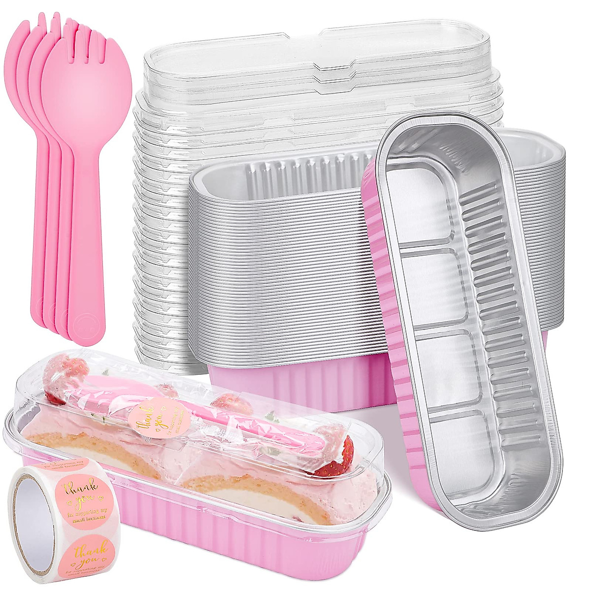 ylnurac 100Pack Pink Mini Cake Pans with Lids Mini Loaf Pans and Spoons and Stickers, 6.8Oz Aluminum Foil Pans Tins, Individual Dessert Cups Containers for Sales,Party,Picnic