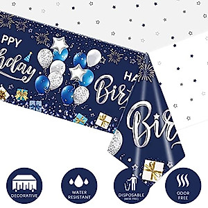 Kesfey Happy Birthday Tablecloths 3 Packs Navy Blue and Silver Birthday Tablecover 54 x 108 Inch Print Firework,Balloon Waterproof Birthday Party Supplies for Birthday Themed Party Table Decorations