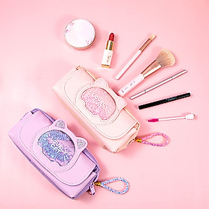 2 Pieces Big Capacity Pencil Case Cute Cat Large Capacity Pencil Pouch Portable Pencil Pouch Stationery Storage Organizer Pencil Box Pen Holder Bag for School Student Present, Pink and Purple