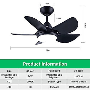 CJOY Small Ceiling Fan with Light, 30 inch Black Ceiling Fans with Lights and Remote, Bedroom Ceiling Fans with Lights Dimmable, 5 ABS Reversible Blades Fan Light for Kid Room