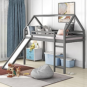 CITYLIGHT Kids Loft Bed with Slide, Twin Loft Bed Frame,House Bed Loft Twin Bed, Wood Low Loft Bed Twin with Roof for Girls Boys, No Box Spring Needed (Grey,Twin Size)