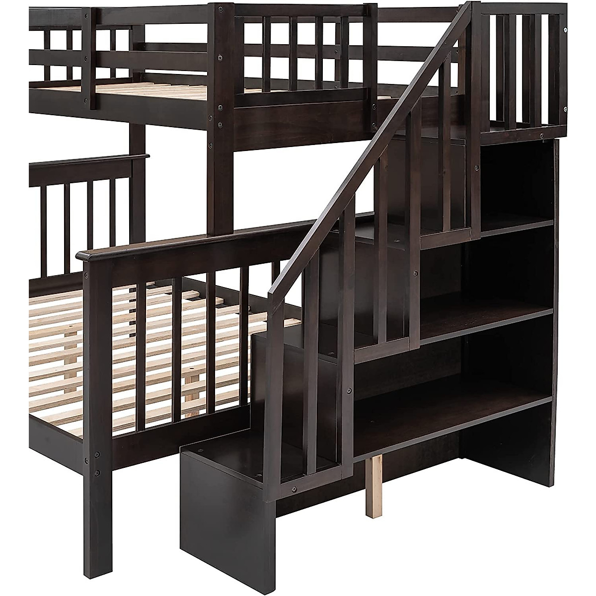 CITYLIGHT Bunk Beds Twin Over Full Size with Stairs, Wooden Bunk Beds with Storage Open Shelves, Stairway Bunk Bed Convertible to 2 Separated Beds,Kids Bunk Beds for Bedroom, Dorm,Espresso