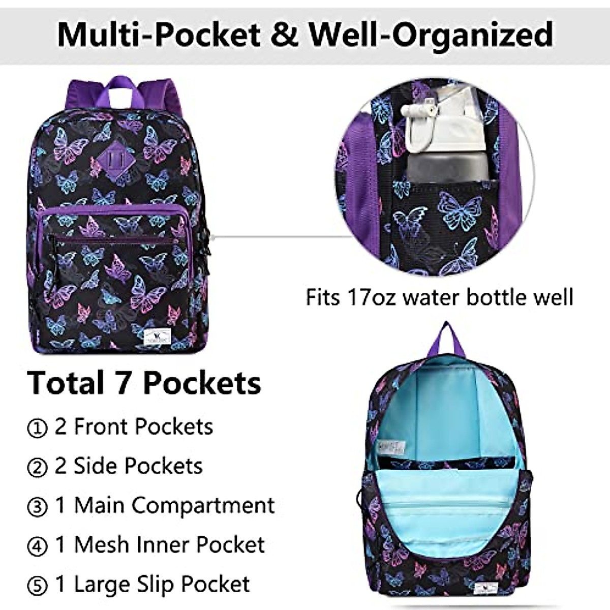 School Backpack,VONXURY Women Classic Lightweight Water Resistant Causal Daypack for Teens Boys Girls(Purple Butterfly）