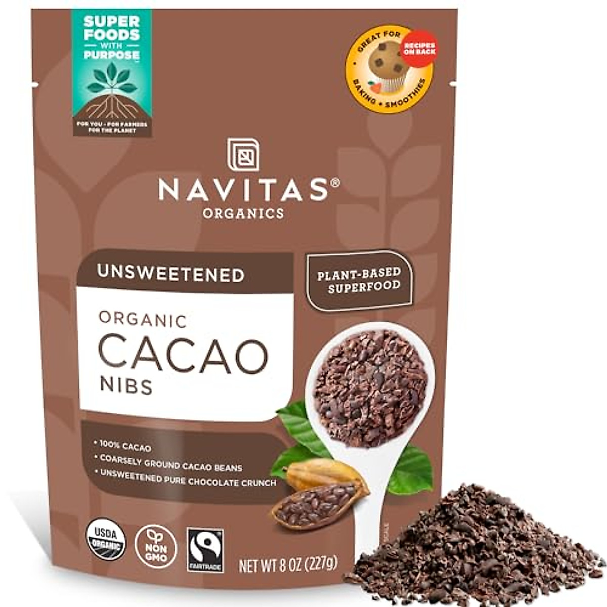 Navitas Organics Raw Cacao Nibs, 8 oz. Bag, 76 Servings — Organic, Non-GMO, Fair Trade, Gluten-Free