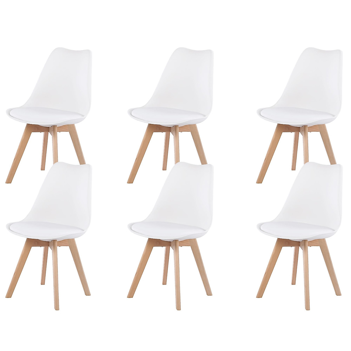 White Dining Room Chairs Set of 6 Dinner Chairs, Living Room Bedroom Outdoor Lounge Cafe Chairs with Comfy Cushion and Solid Wood Legs, Easy to Assemble and Maintain, 6 PCS