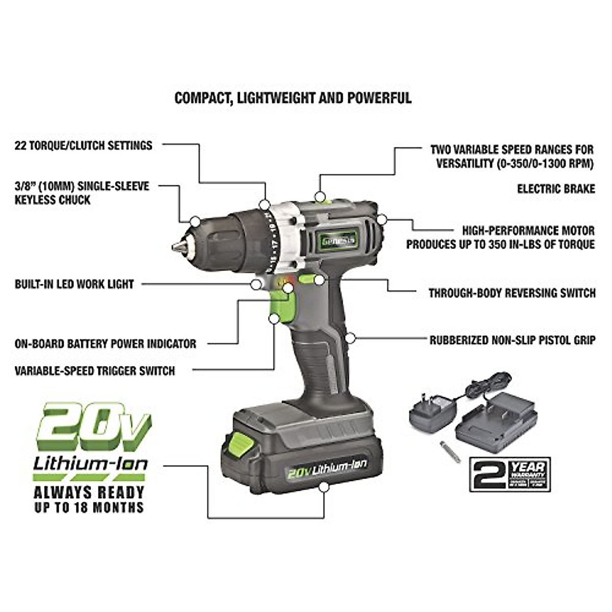 Genesis GLCD2038A 20V Lithium-ion Battery-Powered Cordless Variable Speed Drill Driver with 3/8" Chuck, Built-In LED Work Light, 20V Battery, Charger and Double-Ended Screwdriver Bit, Grey/Black/Green