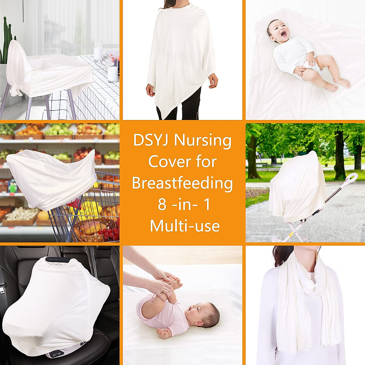DSYJ Nursing Covers for Breastfeeding Poncho Cover, Soft & Breathable Fabric, 360° Full Privacy Universal Fit Multi Use 8-in-1 for Baby Car Seat Cocoon Feeding Canopy White
