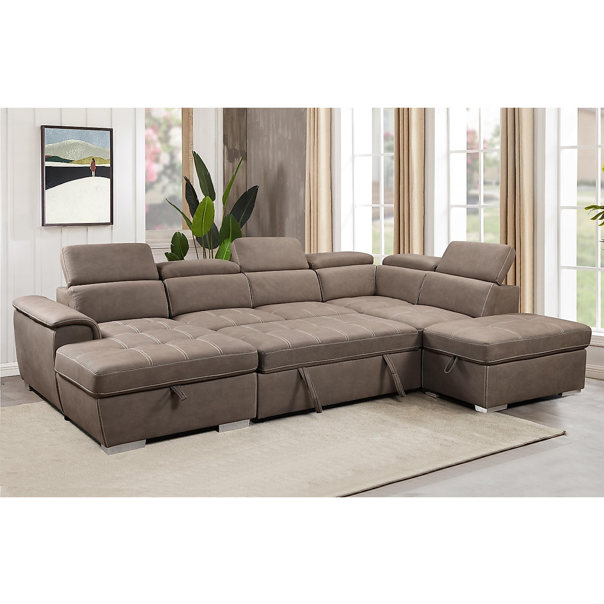 THSUPER 127'' Microfiber Oversized U-Shaped Sectional Sleeper Sofa Couch with Pullout Bed, 7 Seats Couch with Adjustable Headrests, Sofa with Storage Chaise and Ottoman for Living Room. Light Brown