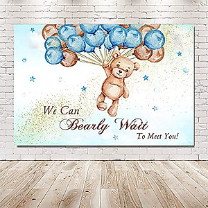 MEHOFOND 7x5ft Bear Boy Baby Shower Backdrop We Can Bearly Wait to Meet You Blue Brown Balloons Gold Glitter Photography Background Party Banner Cake Table Decor Photo Booth Props Supplies