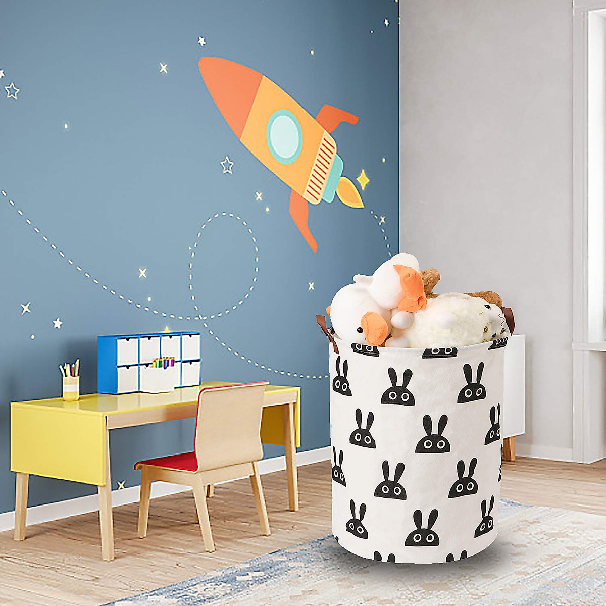 Large Sized Storage Basket, 19.6" Waterproof Canvas Storage Bin with Handles, Round Collapsible Organizer Kids Laundry Hamper for Nursery Clothes Toys - Rabbit