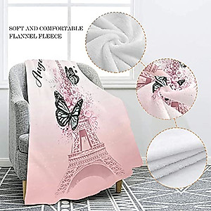 Butterfly and Eiffel Tower Personalized Name Soft Fleece Bed Blankets Throws as Birthday Wedding Gifts for Sofa Couch 50'' x 60''