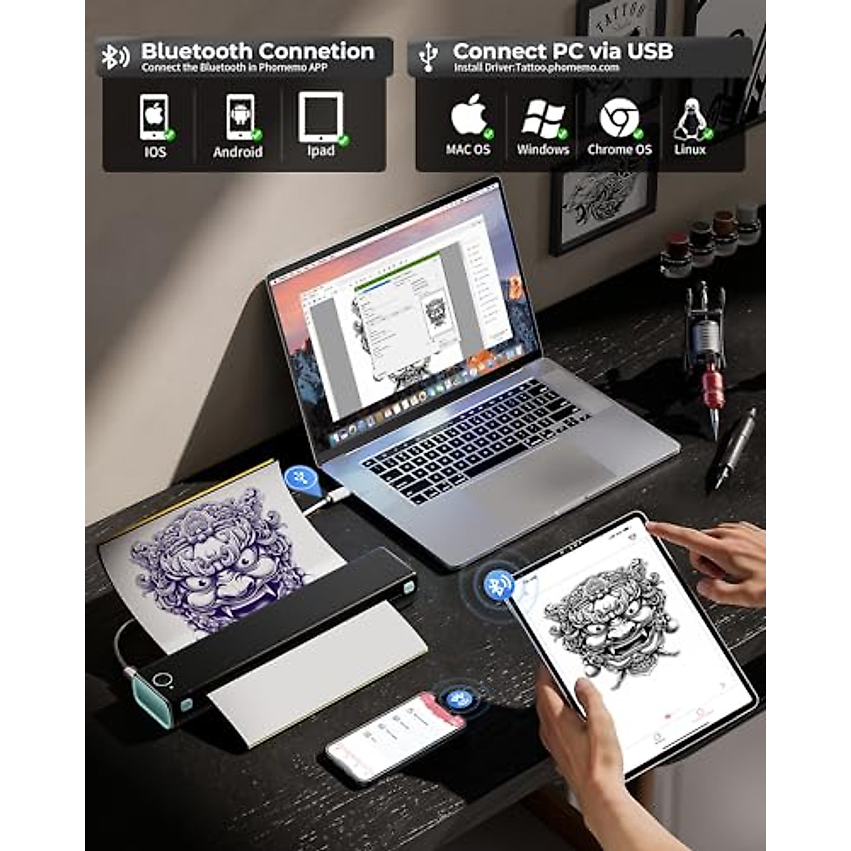 Itari M08F Tattoo Stencil Printer - Tattoo Transfer Machine Thermal Copier with 10pcs Transfer Paper, Bluetooth Stencil Printer for Tattooing, Henna Tattoo Machine Kits Compatible with Phone Ipad & PC