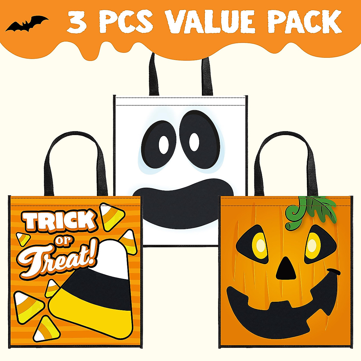 JOYIN 3 PCS Halloween Large Tote See-through Bags 22.5” x 13.75” Grocery Tote Trick or Treat Grocery Goody Bags for Trick or Treating, Grocery Shopping and More