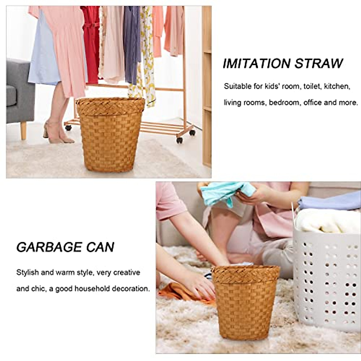 YARNOW Rattan Woven Trash Can, Round Wicker Waste Paper Basket, 10 Inch Round Natural Waste Basket for Bedroom Bathroom Kitchen Office (Khaki)