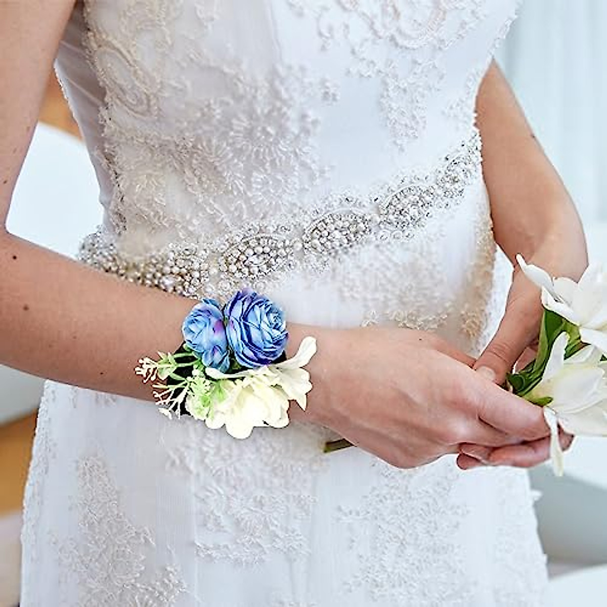 Latious Wedding Prom Wrist Corsage Rose Corsages Wristlet Bridesmaids Hand Flower Wristband Bridal Flowers Decor for Women and Girls (Blue Camellia)