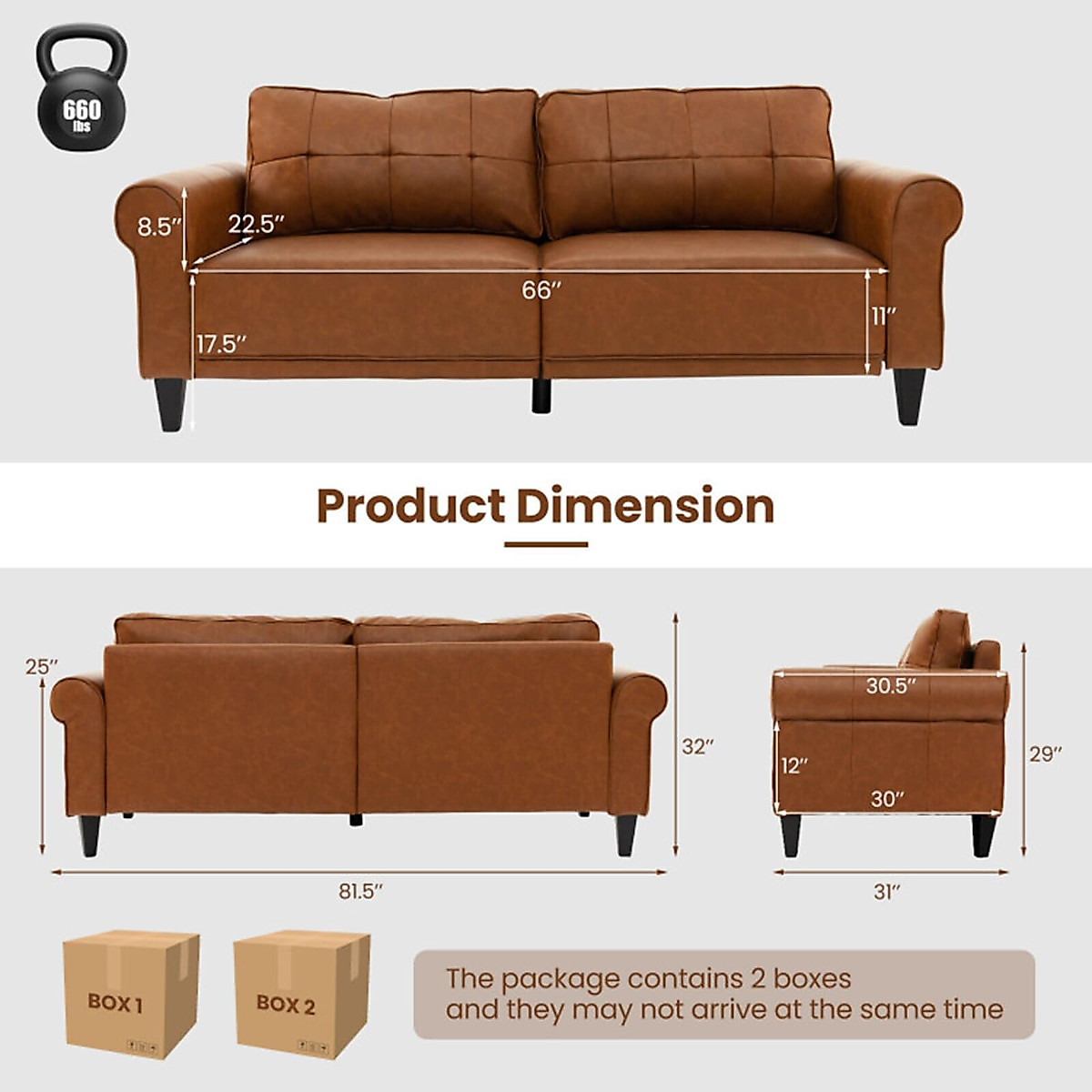 Loveseat Sofa, 2 Seater Sofa for Small Space, PU Leather Modern 3-Seater Sofa Couch with 2 Detachable Back Pillows