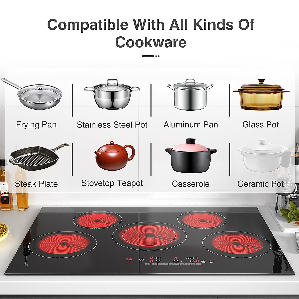 VBGK Electric cooktop 30 inch, 5 burner Electric Stove Built-in and Countertop Electric Stove Top, LED Touch Screen,9 Heating Level, Timer & Kid Safety Lock, 240V 30 inch Electric cooktop