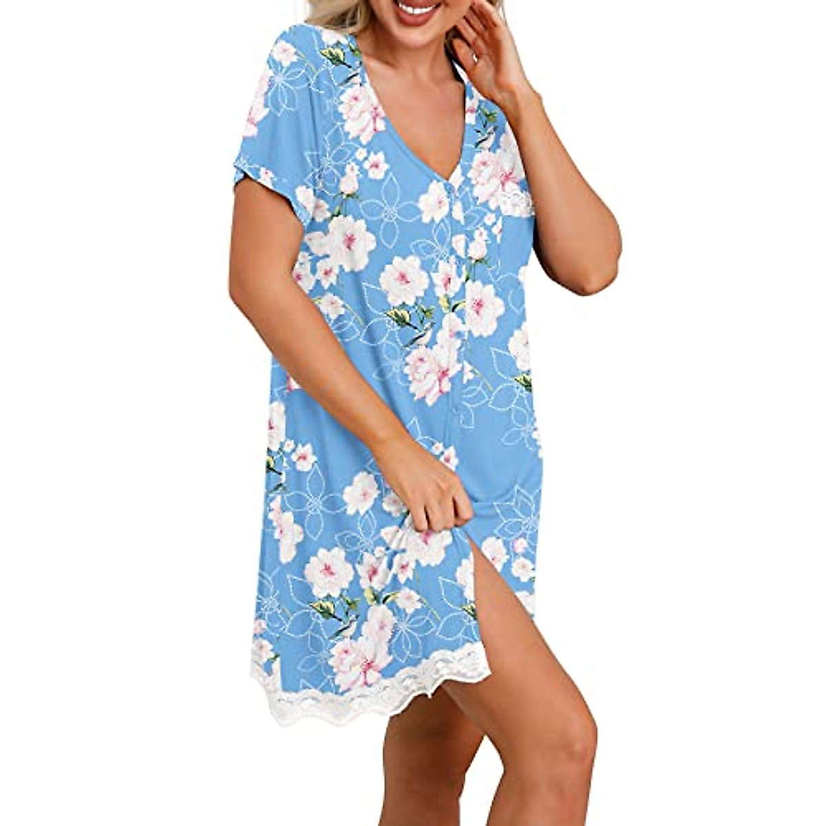 PrinStory Night Gowns Women Button Down Nightgowns Soft Sleepwear