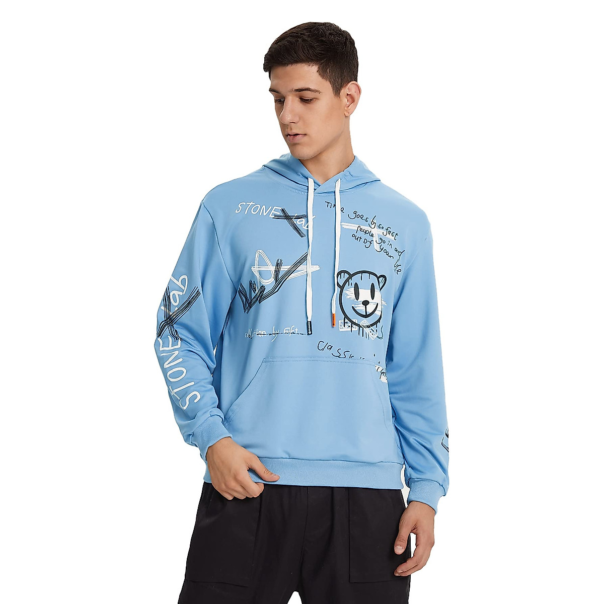 WDIRARA Men's Cartoon Letter Graphic Drawstring Hoodie Long Sleeve Pocket Sweatshirts Blue L